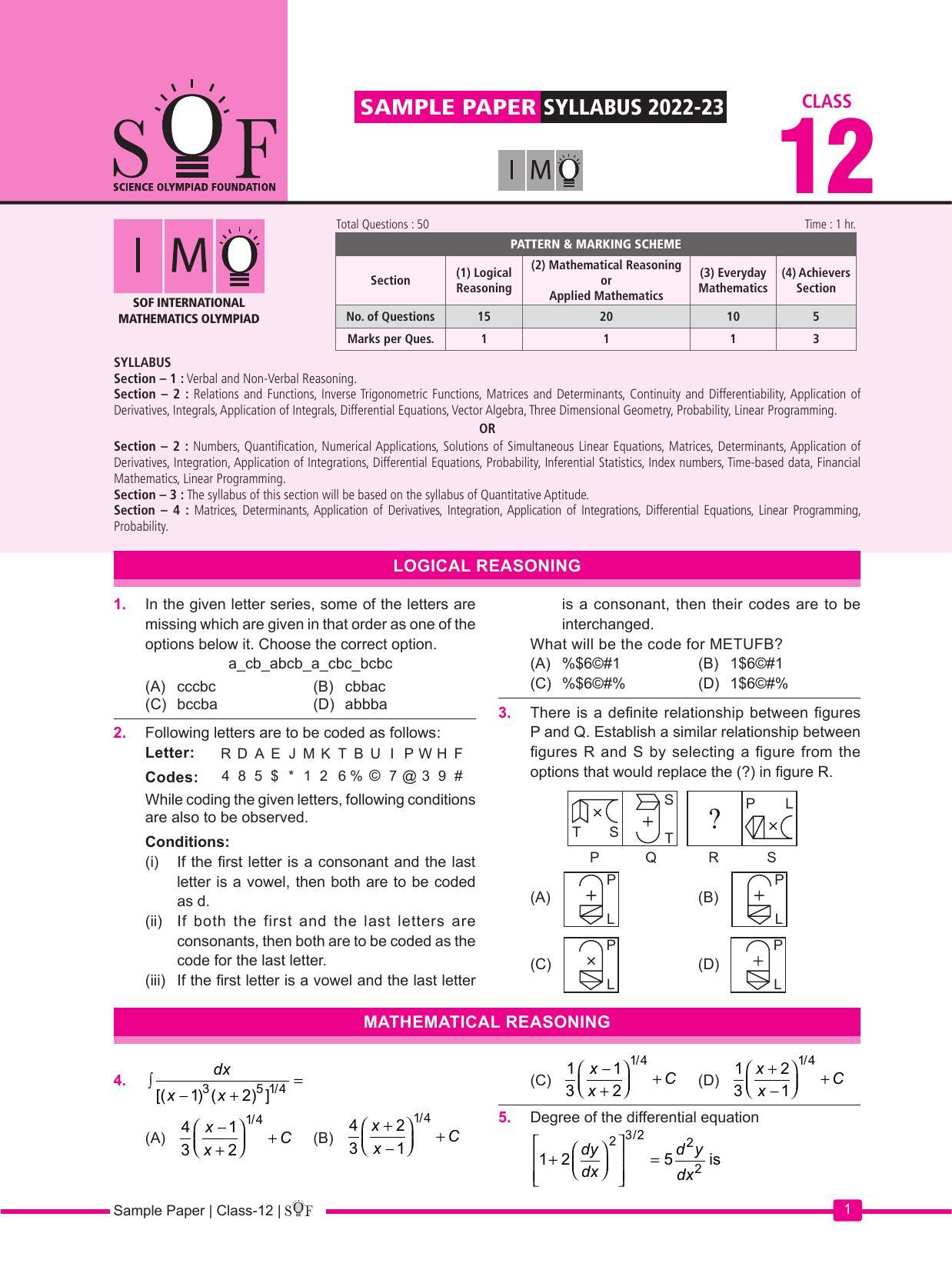 SOF IMO Sample Paper for Class 12 - IndCareer Schools