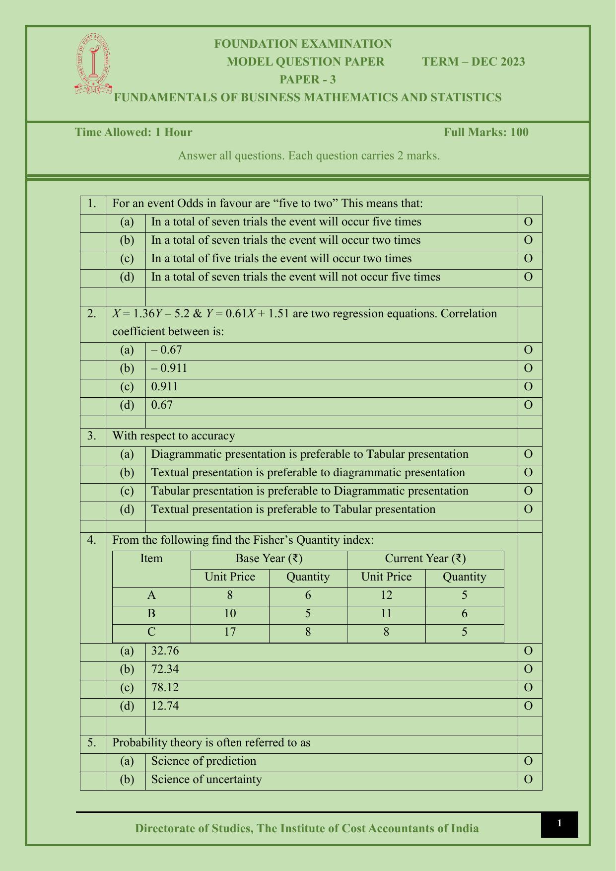 ICMAI Dec 2023 - Paper 3 – FUNDAMENTALS OF BUSINESS MATHEMATICS AND ...