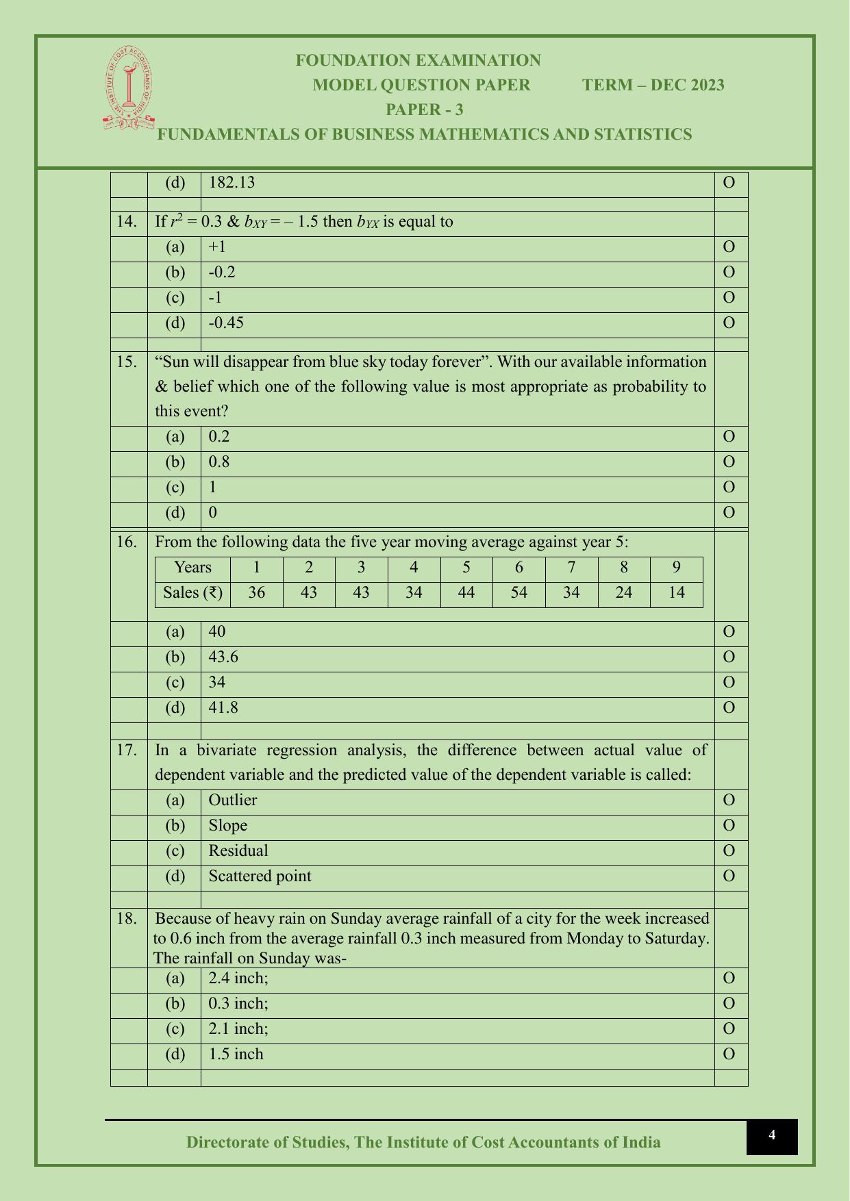ICMAI Dec 2023 - Paper 3 – FUNDAMENTALS OF BUSINESS MATHEMATICS AND ...