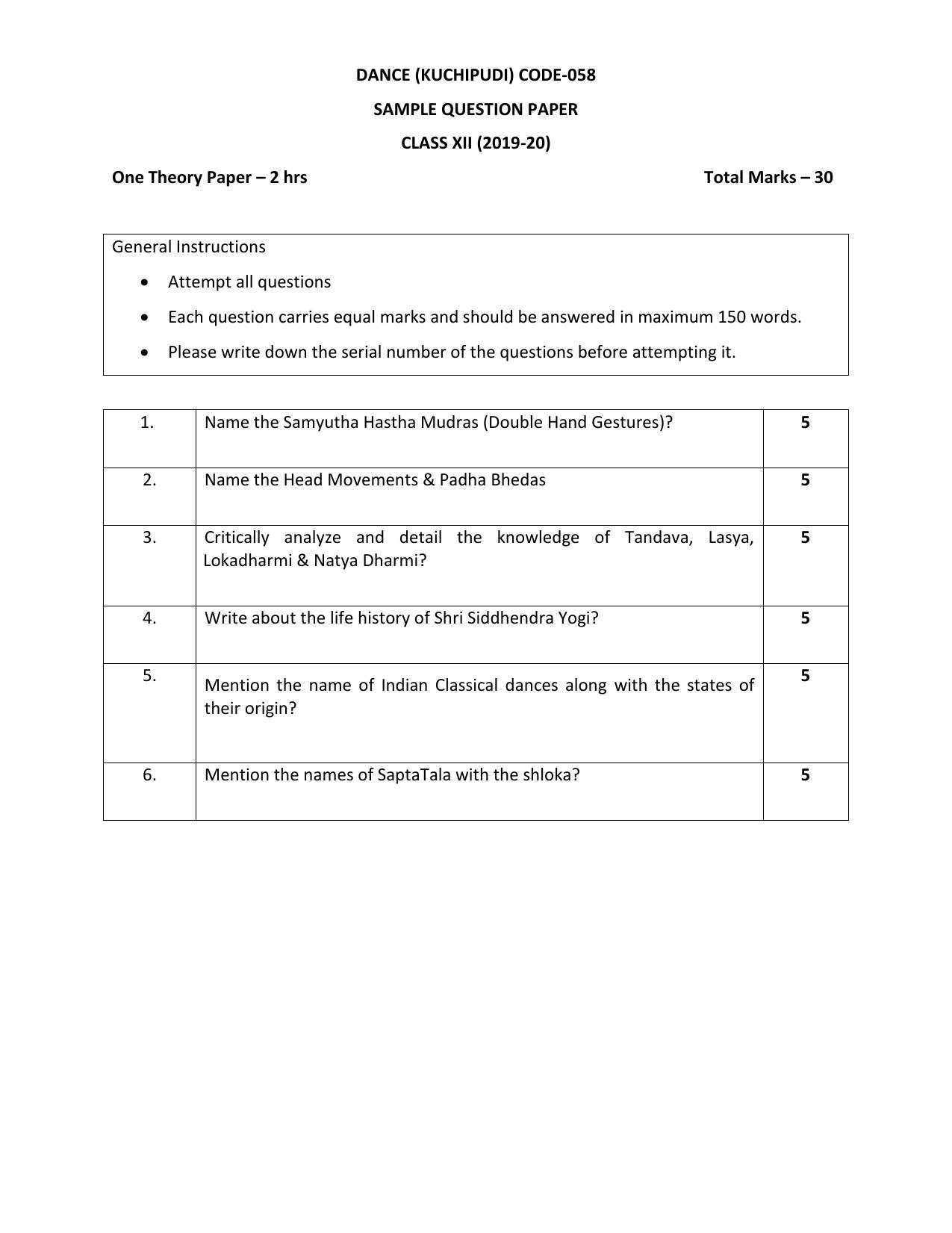 CBSE Class 12 Kuchipudi Sample Paper 2019 20 IndCareer Docs CBSE Class 12 Kuchipudi Sample Paper 2019 20 IndCareer Docs