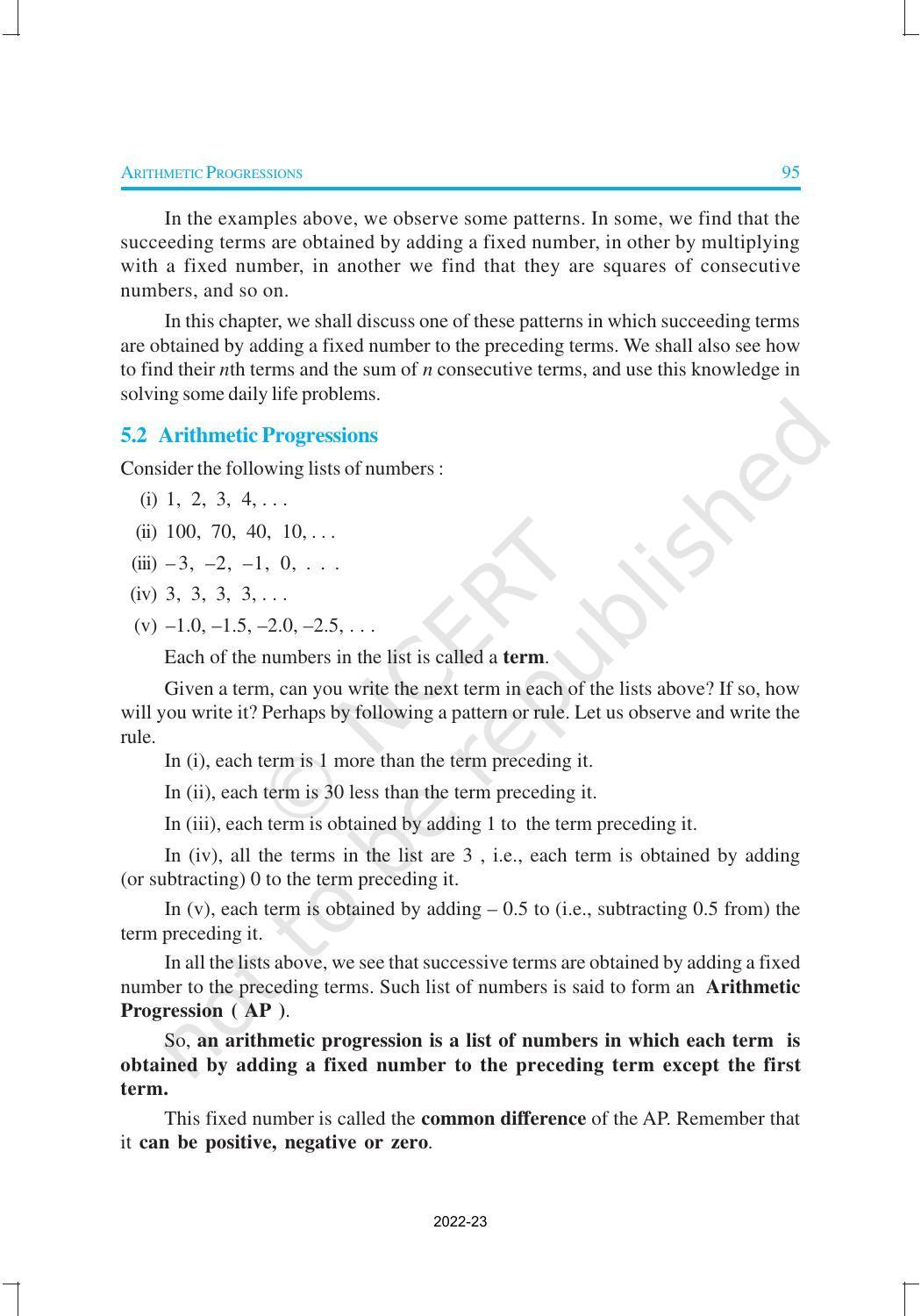 NCERT Book for Class 10 Maths Chapter 5 Arithmetic Progression - IndCareer Schools