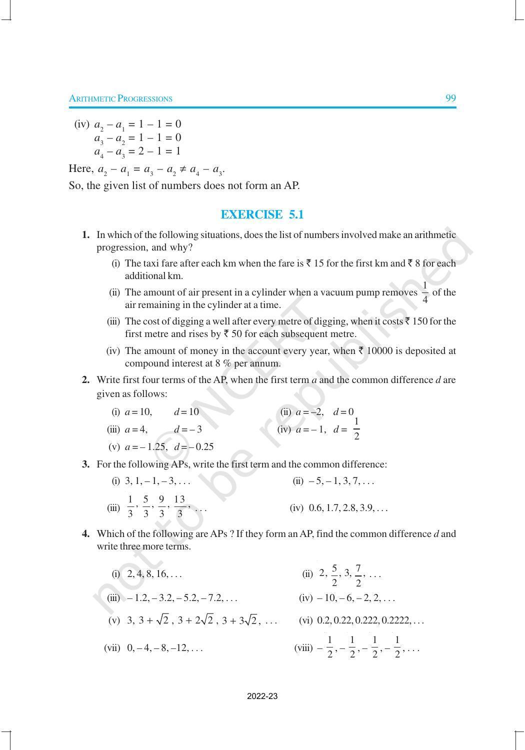 NCERT Book for Class 10 Maths Chapter 5 Arithmetic Progression - IndCareer Schools