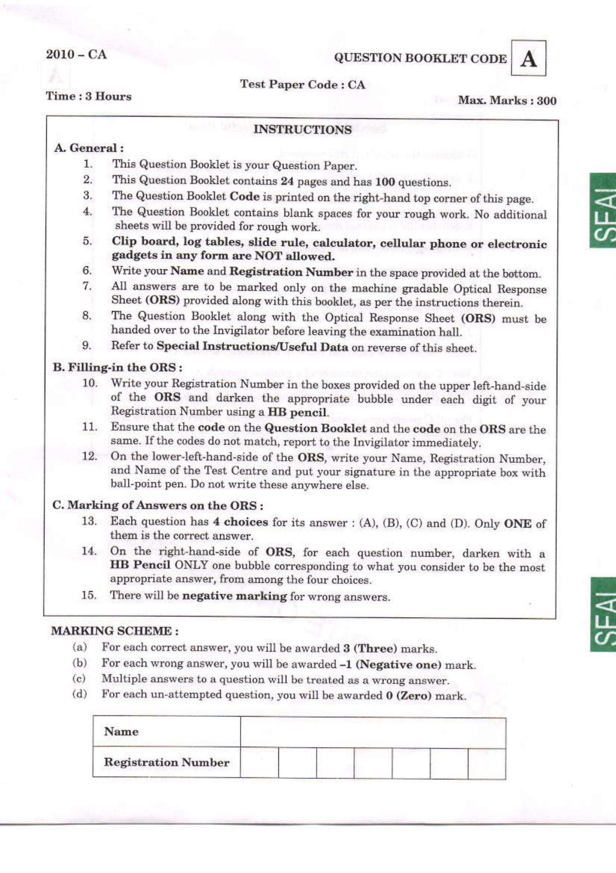 JAM 2010: CA Question Paper - IndCareer Docs