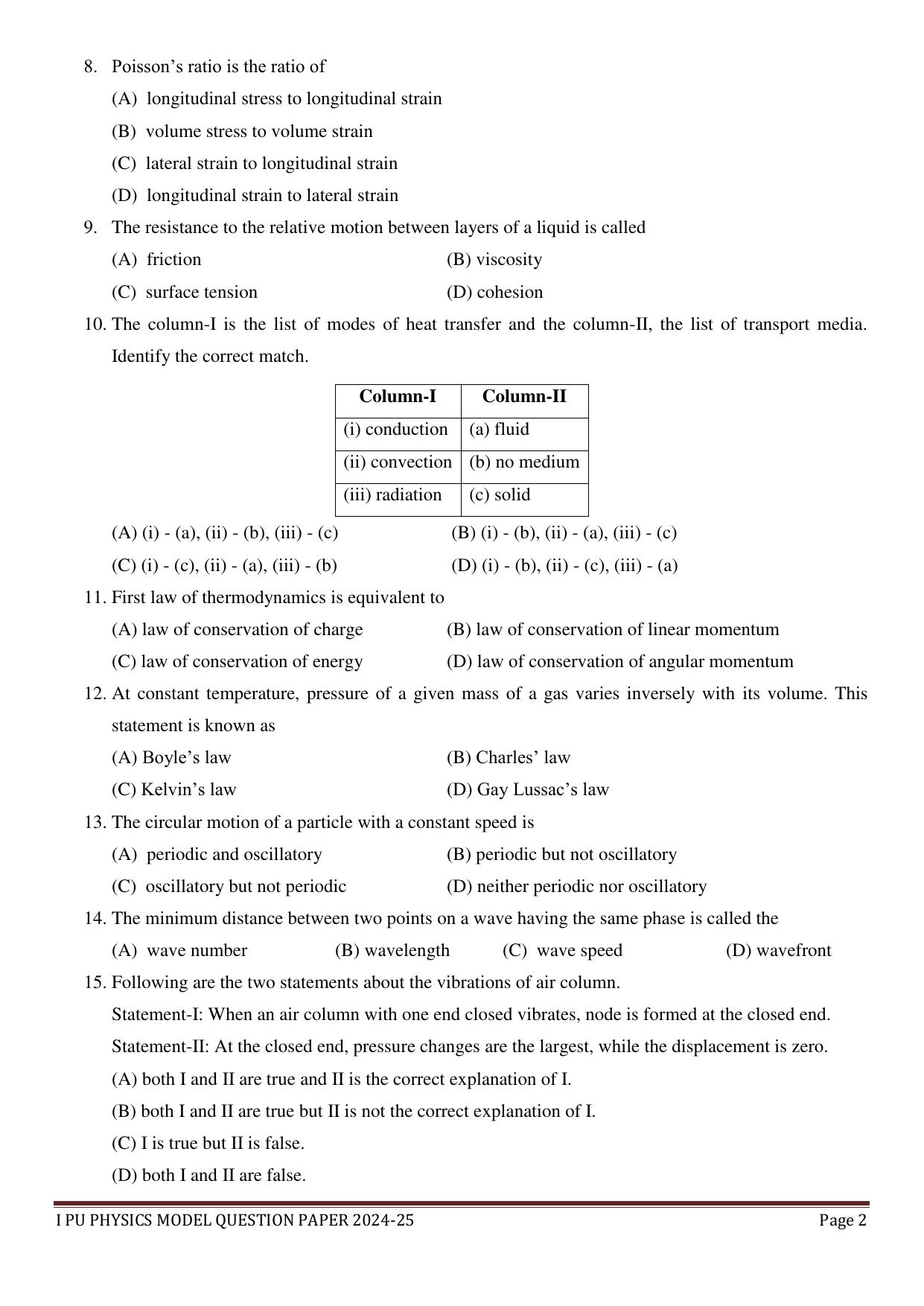 Karnataka 1st PUC Physics Model Question Paper 2025 - IndCareer Docs