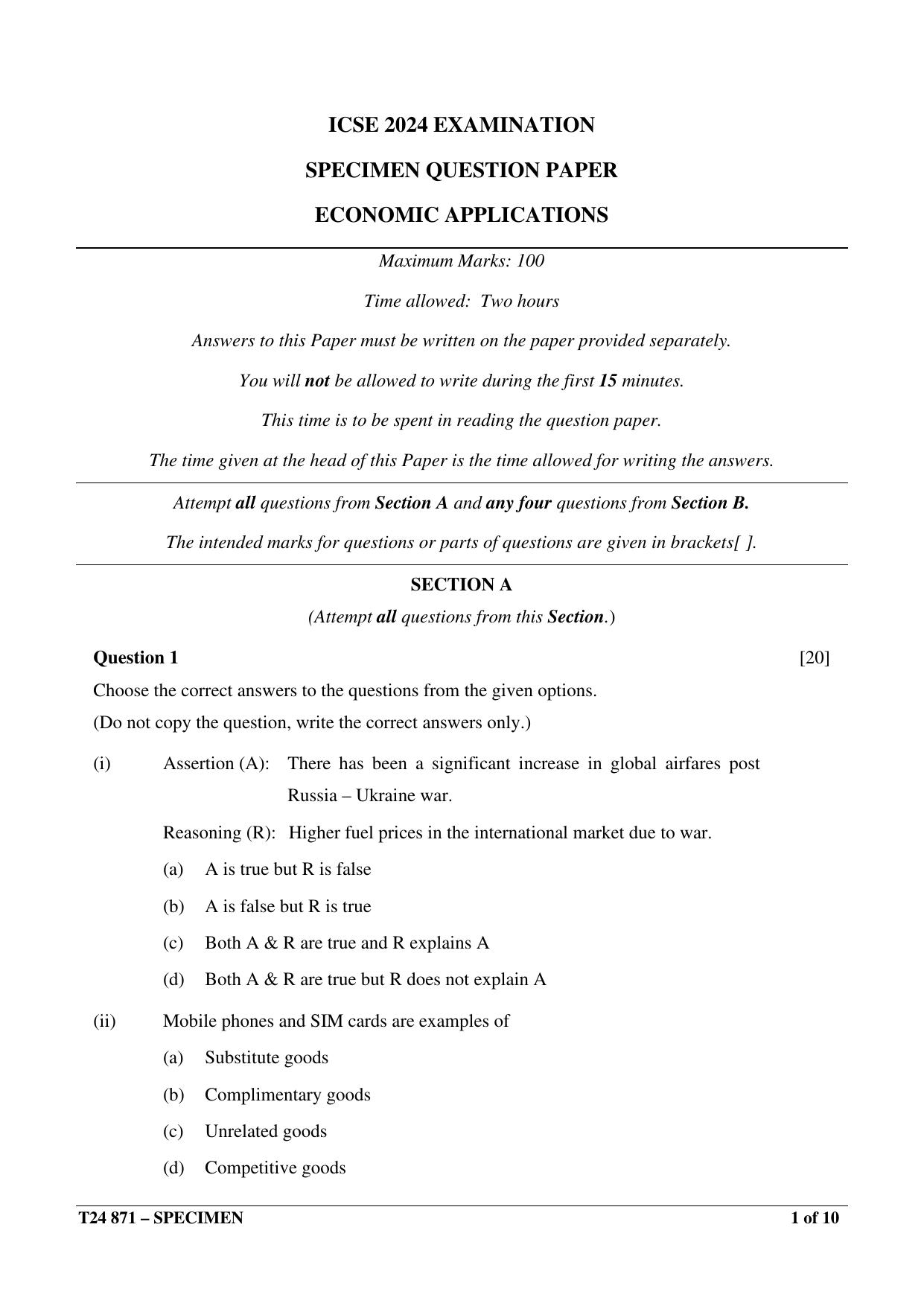 ICSE Class 10 Economic Applications Sample Paper - IndCareer Schools