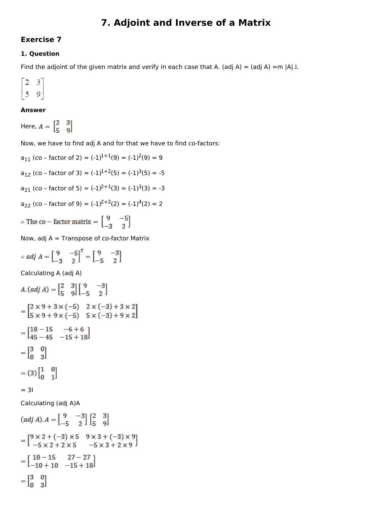 RS Aggarwal Solutions for 12th Class Maths Chapter 7-Adjoint and Inverse of a Matrix - IndCareer ...