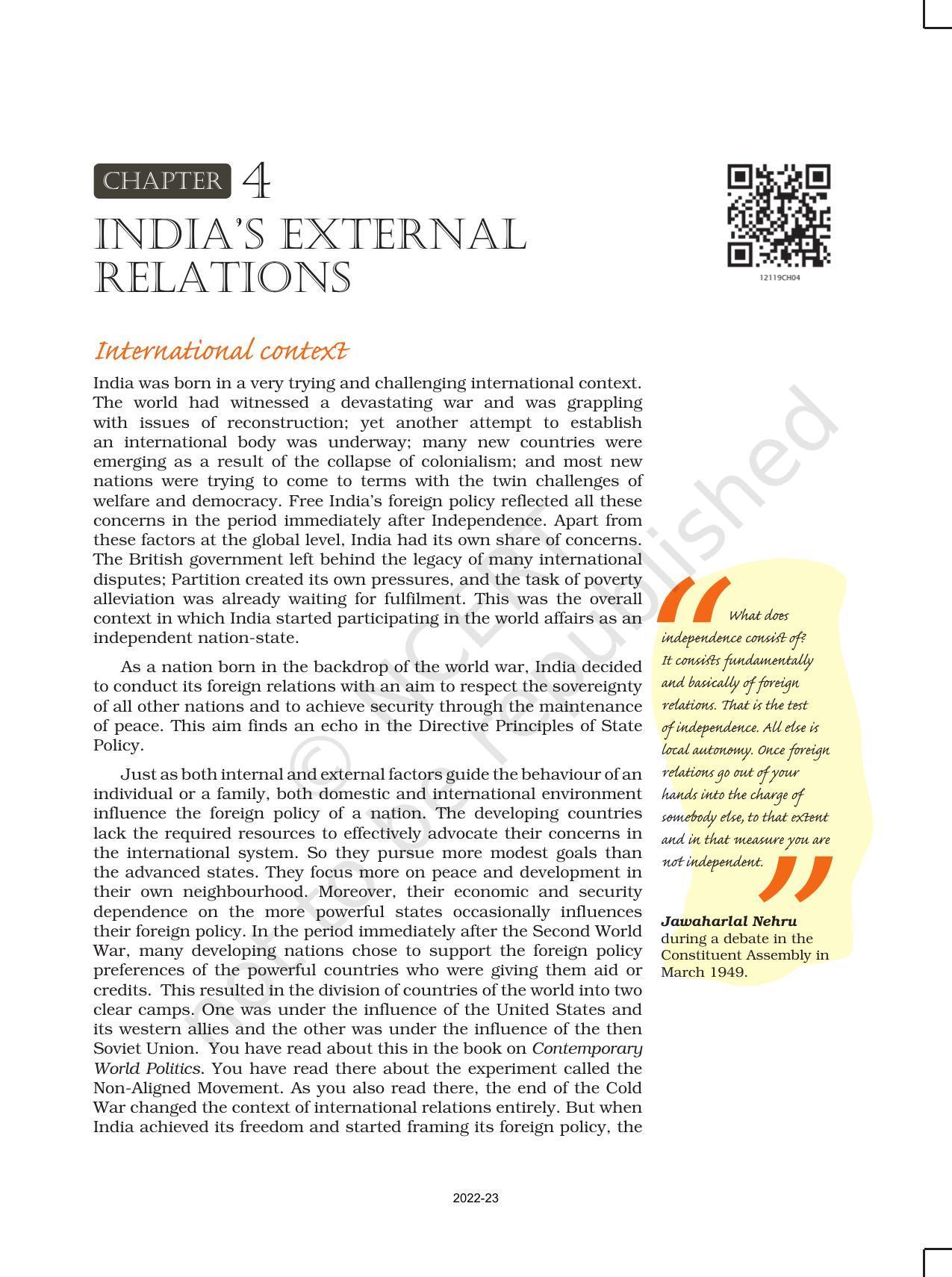 NCERT Book for Class 12 Political Science Chapter 4 India’s