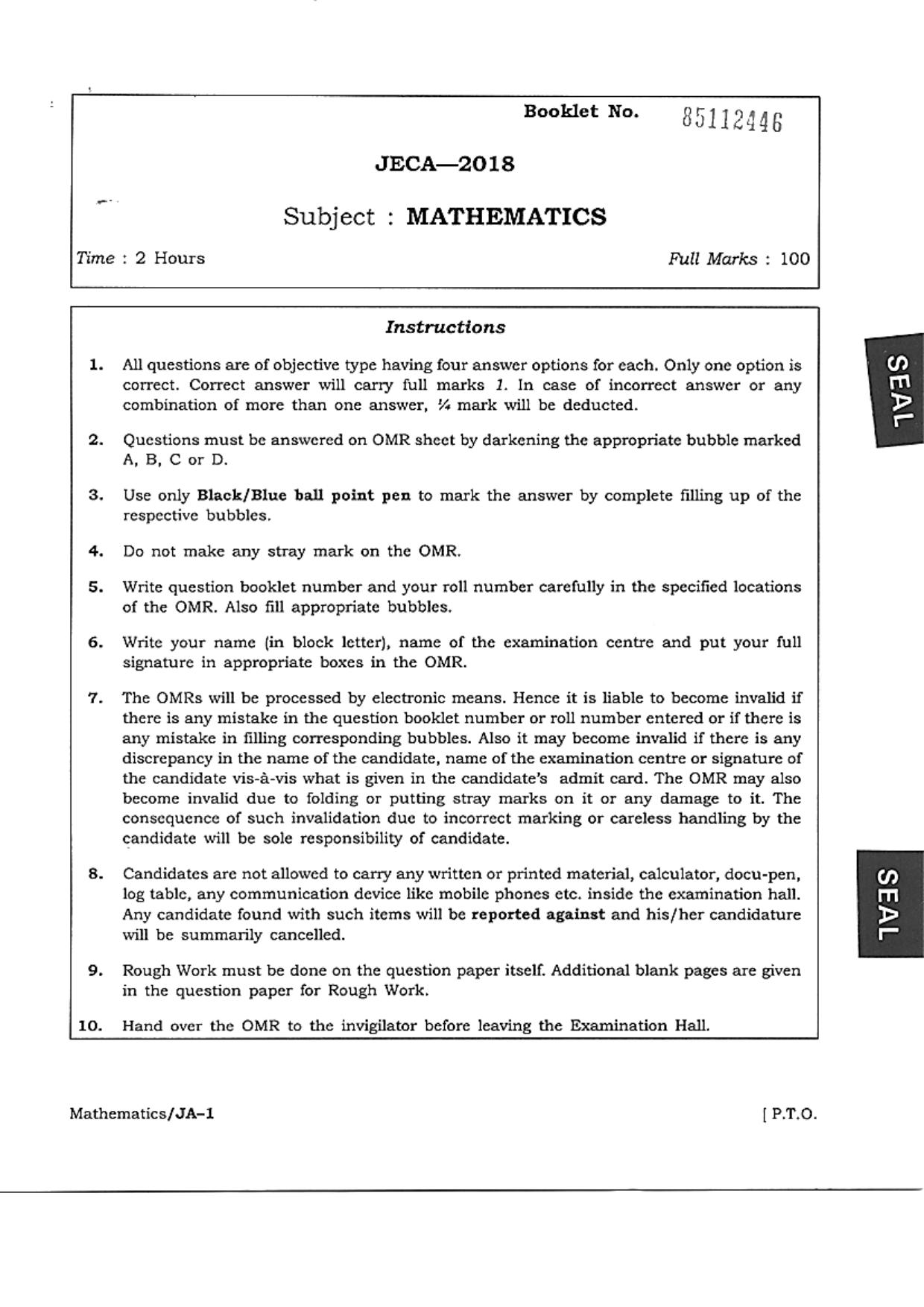 WB JECA 2018 Mathematics Question Paper - IndCareer Docs