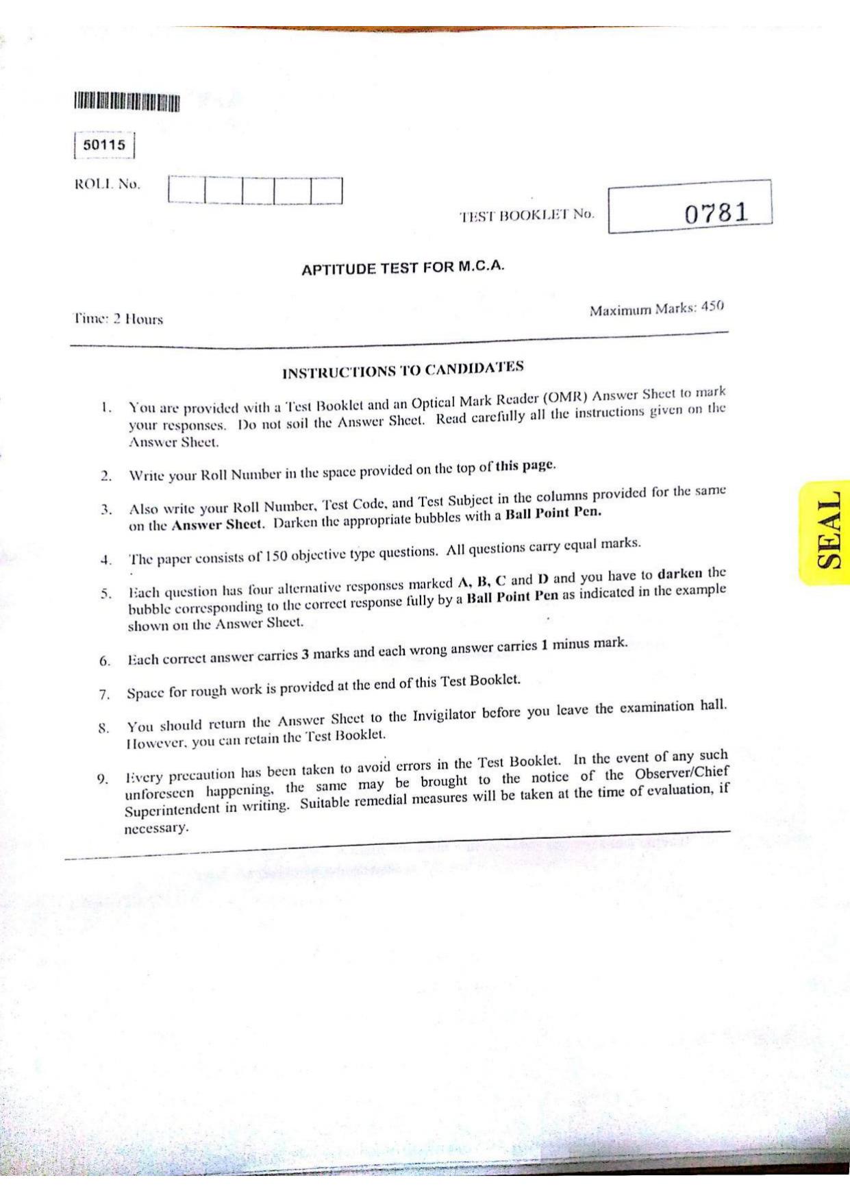 CUSAT CAT 2015 MCA Question Paper - IndCareer Docs