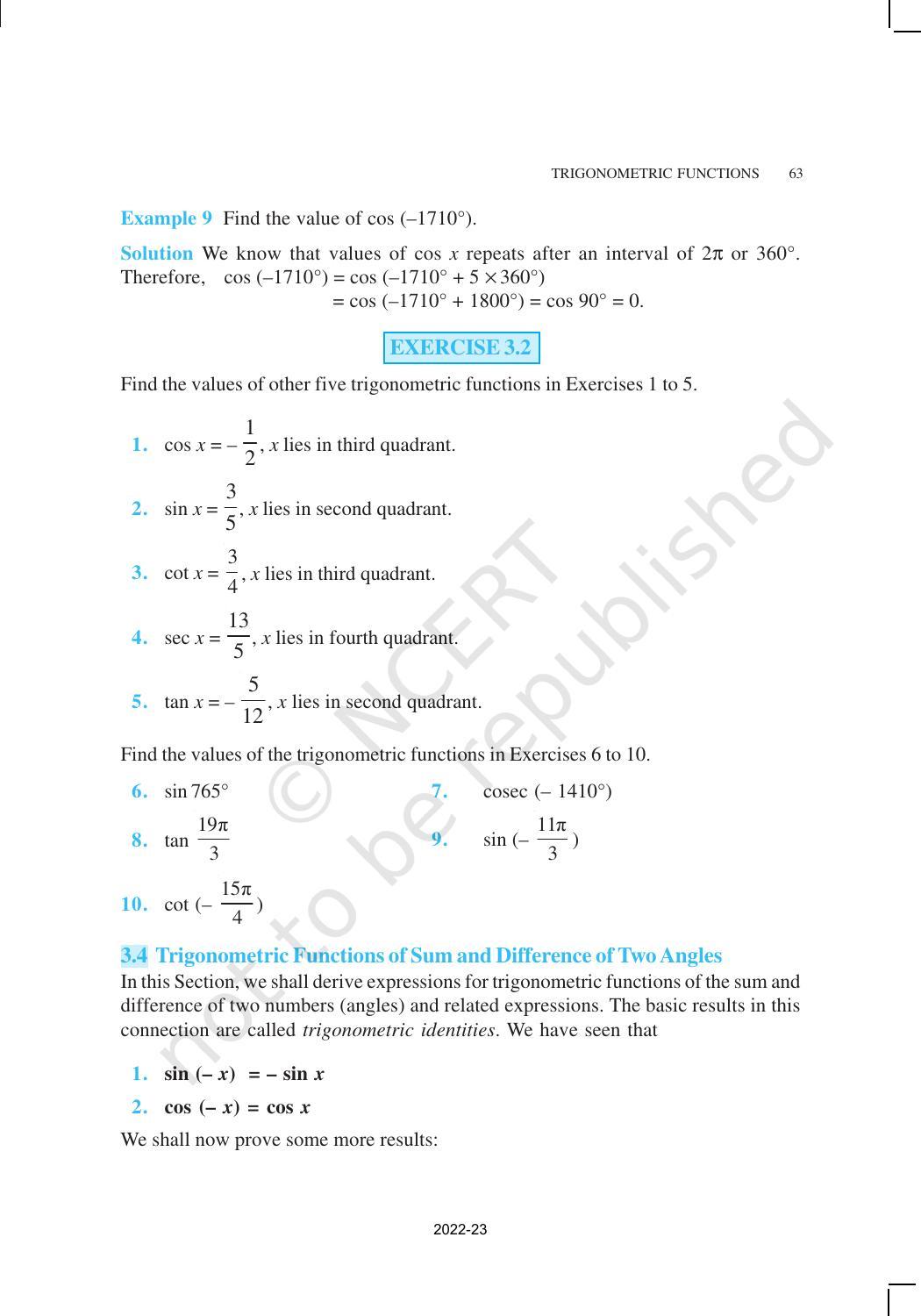 NCERT Book for Class 11 Maths Chapter 3 Trigonometric