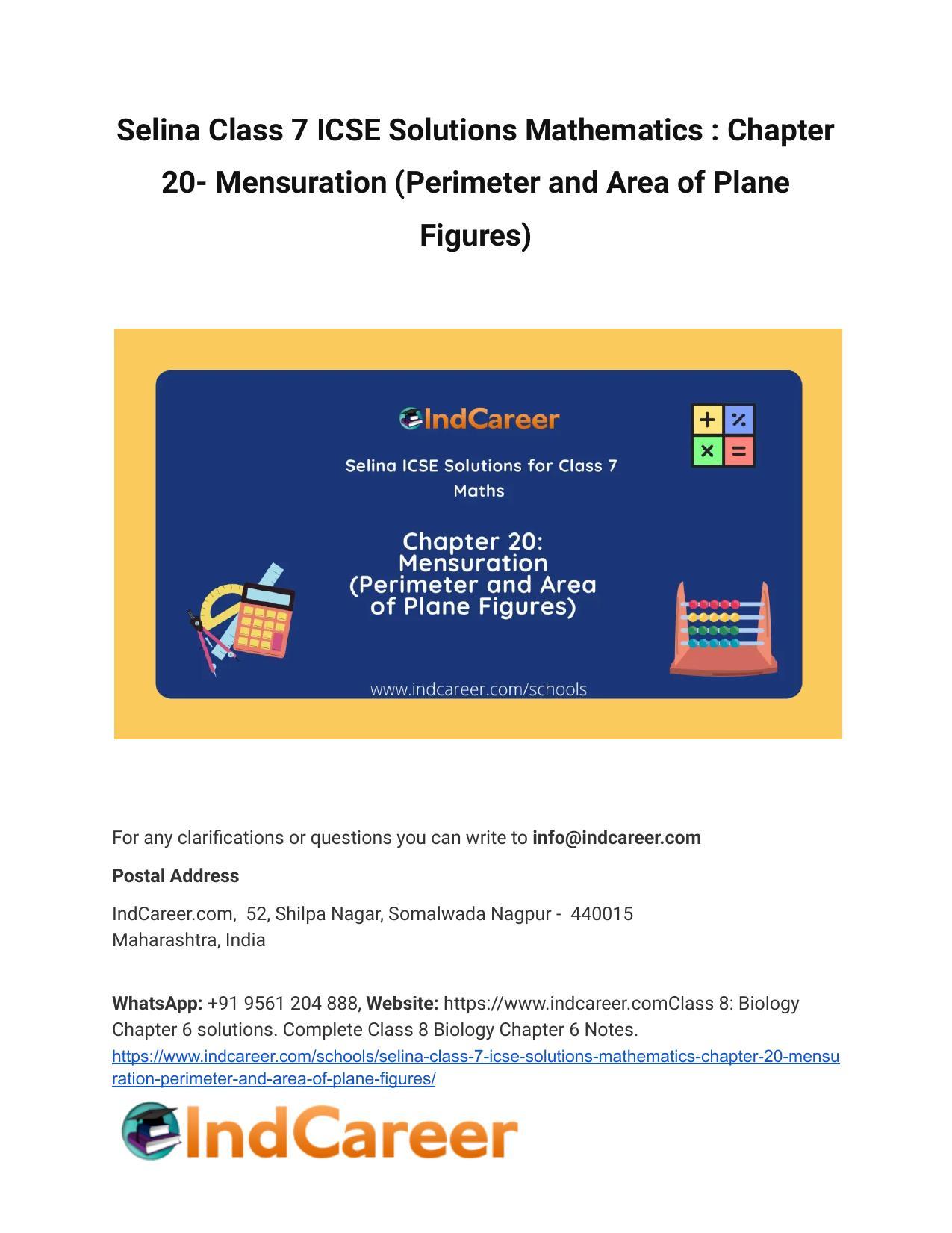 Selina Class 7 ICSE Solutions Mathematics : Chapter 20- Mensuration ...