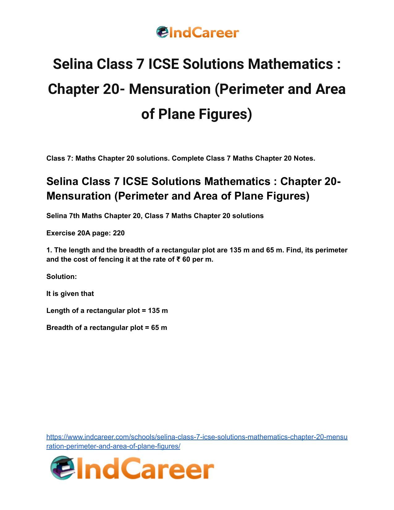 Selina Class 7 ICSE Solutions Mathematics : Chapter 20- Mensuration ...
