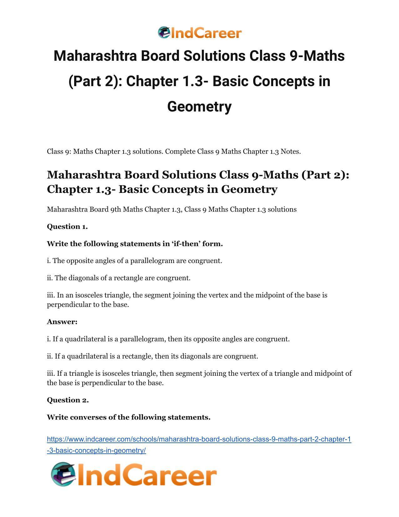 Maharashtra Board Solutions Class 9-Maths (Part 2): Chapter 1.3- Basic Concepts in Geometry ...