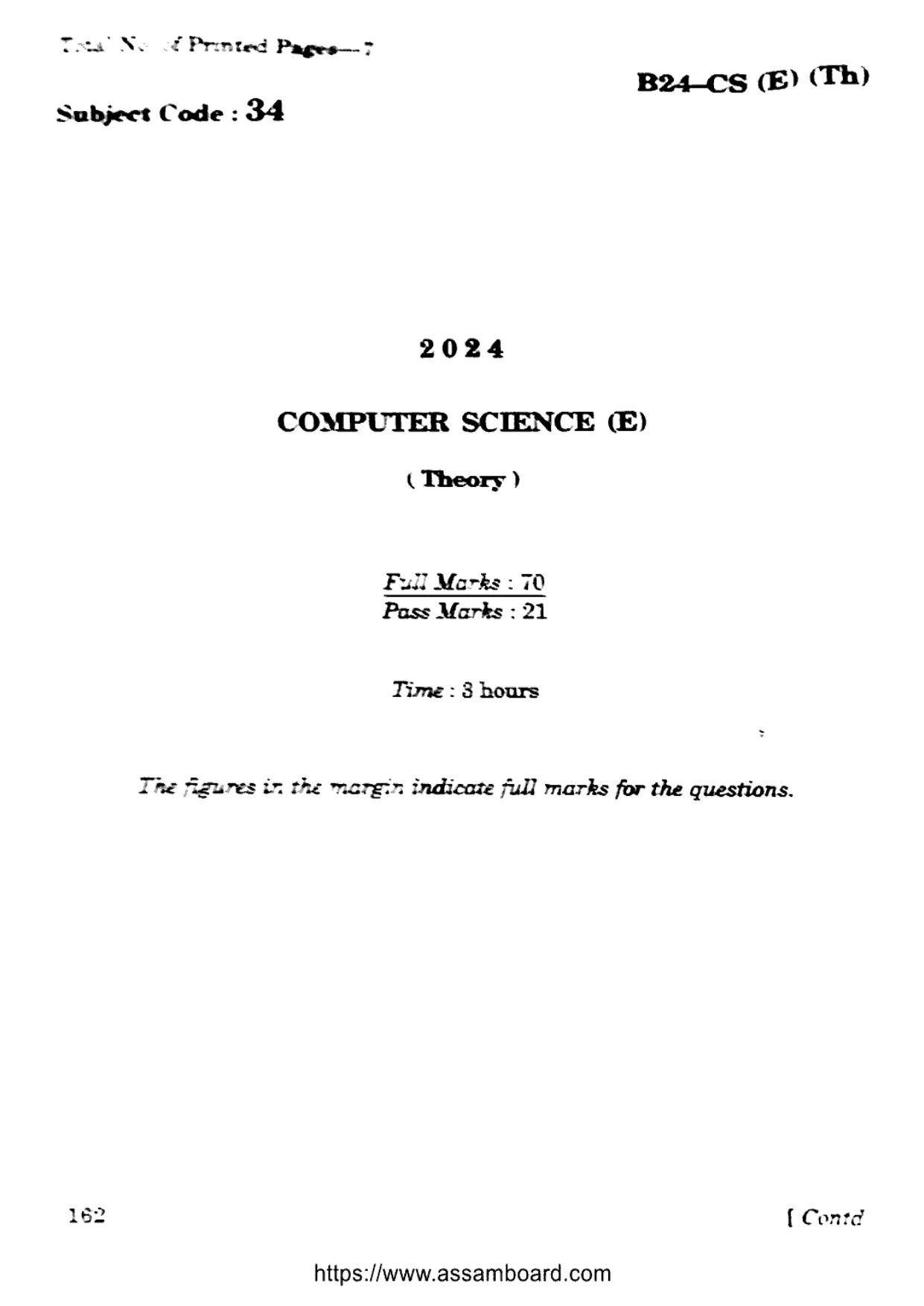 SEBA HSLC Computer Science (Elective) Question Paper 2024 - IndCareer Docs