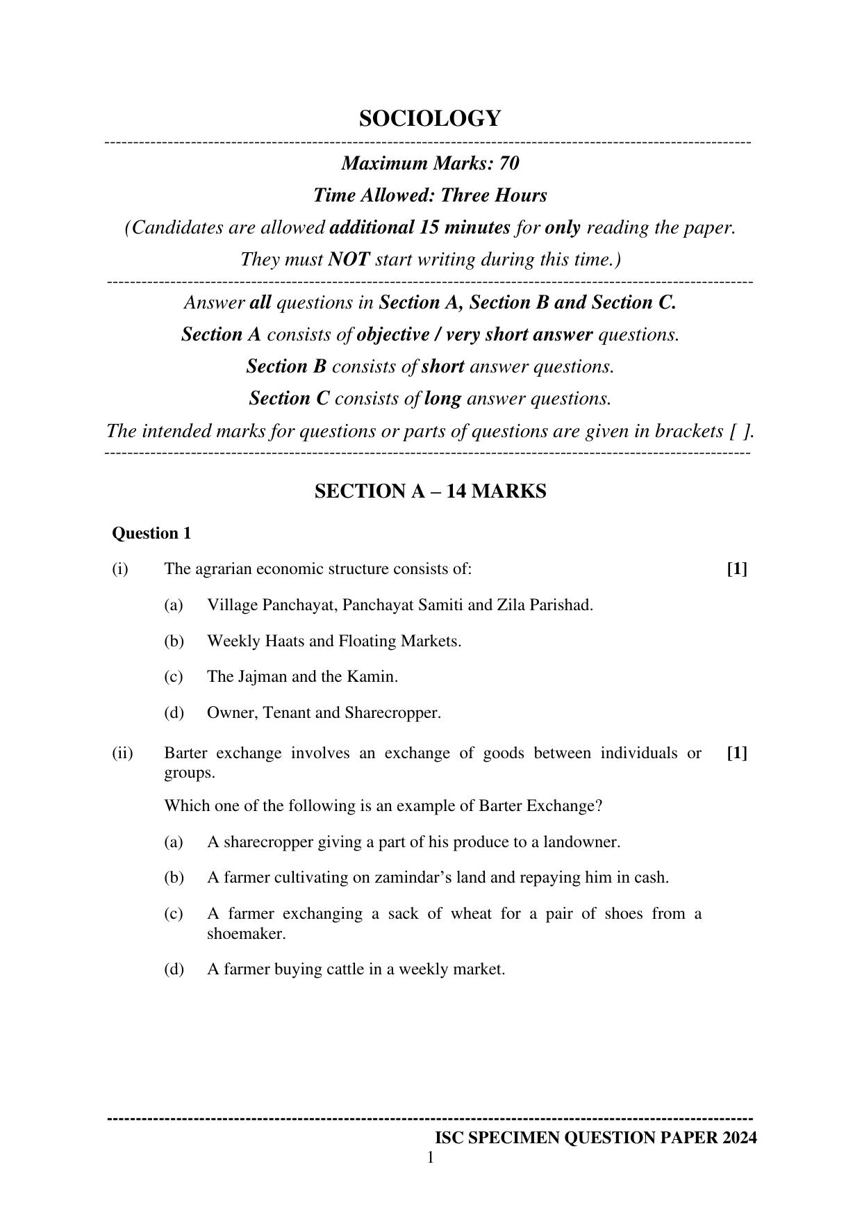 ISC Class 12 2024 Sociology Sample Paper - IndCareer Docs