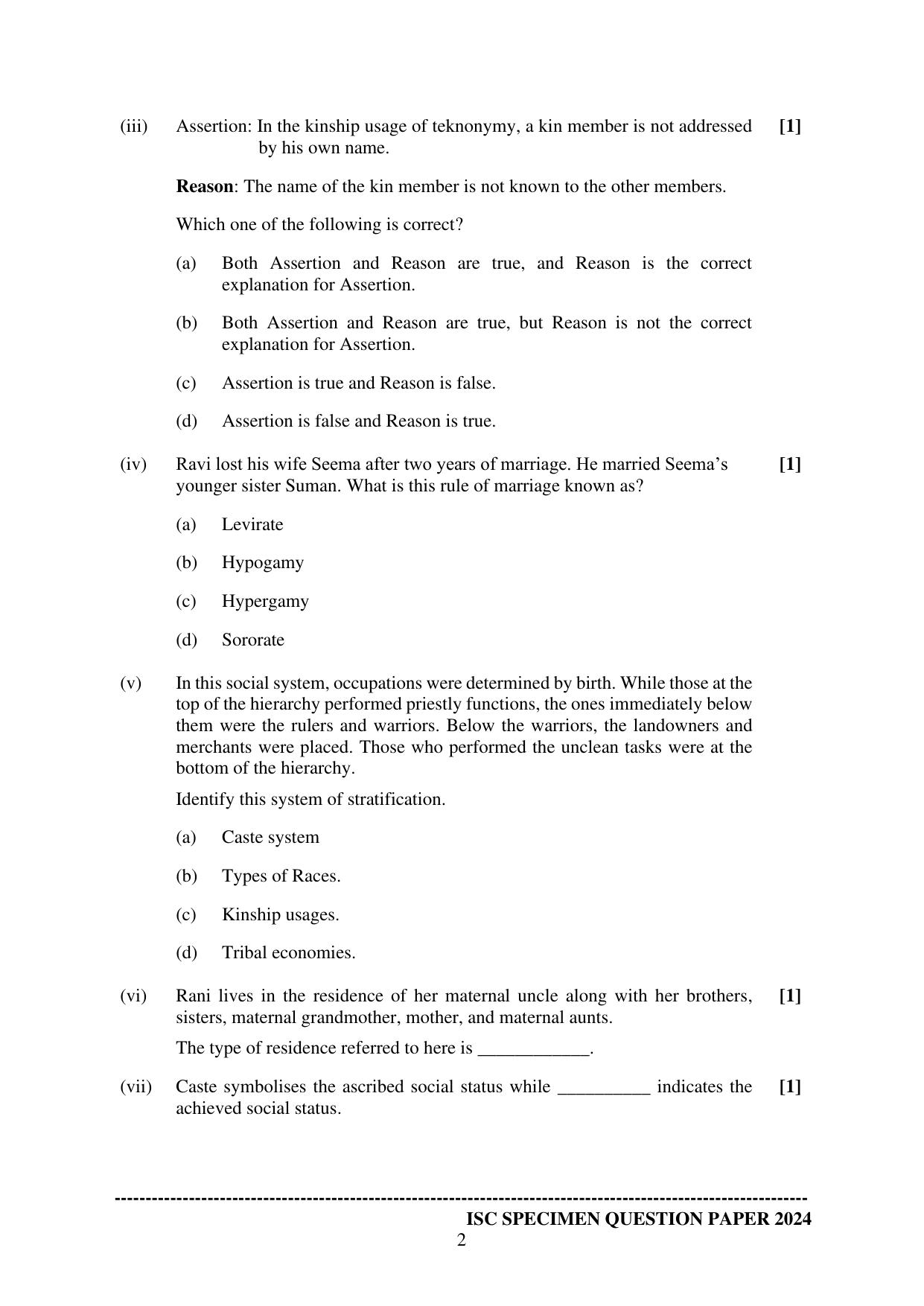 ISC Class 12 Sociology Sample Paper - IndCareer Schools