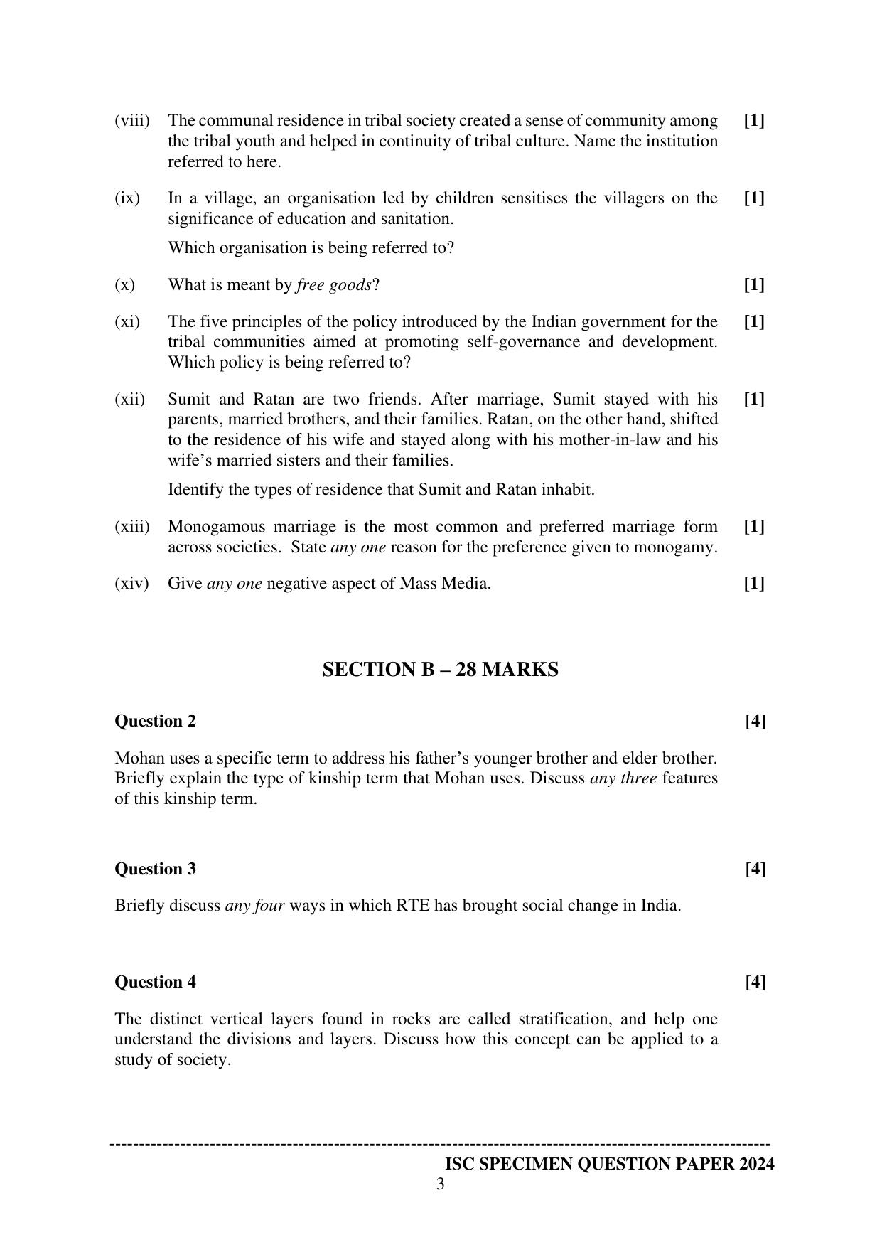 ISC Class 12 Sociology Sample Paper - IndCareer Schools