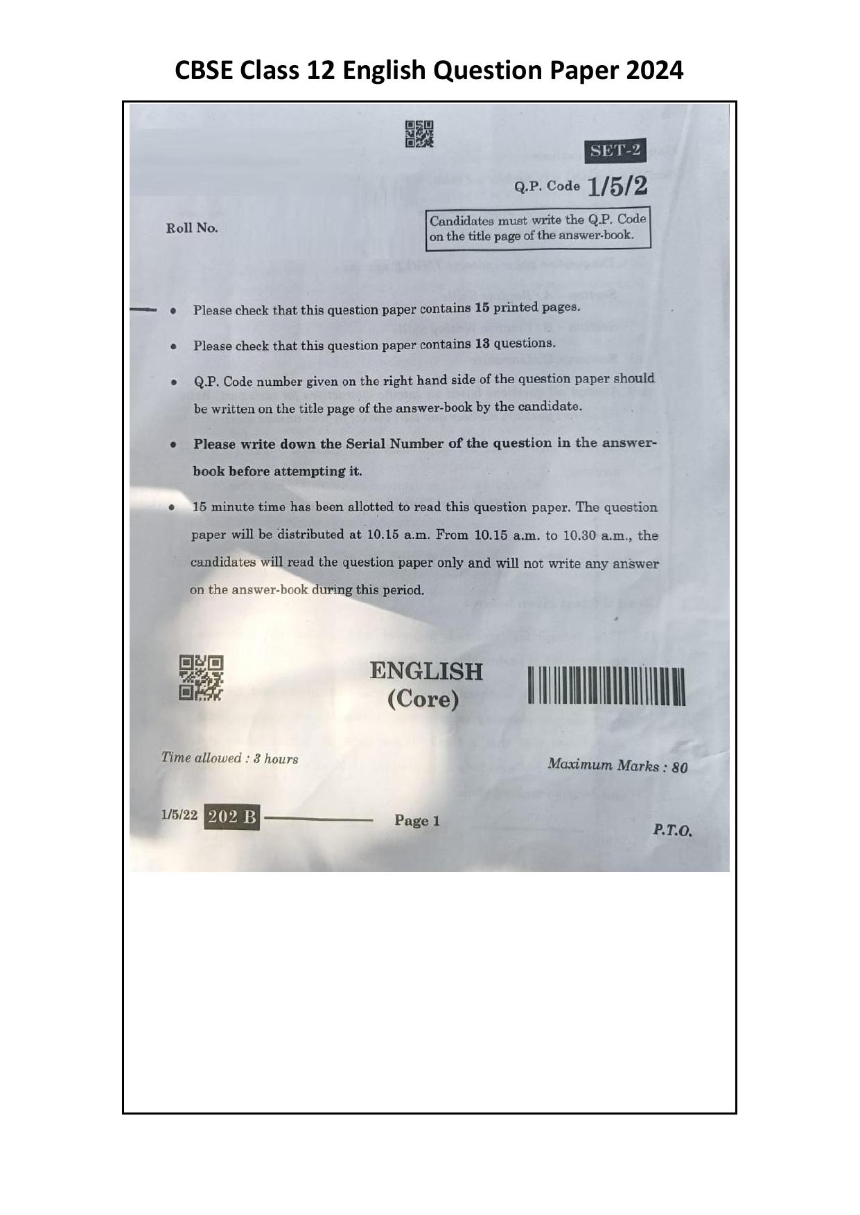 1/5/3 English Core Set 3 2024 Question Paper - IndCareer Docs