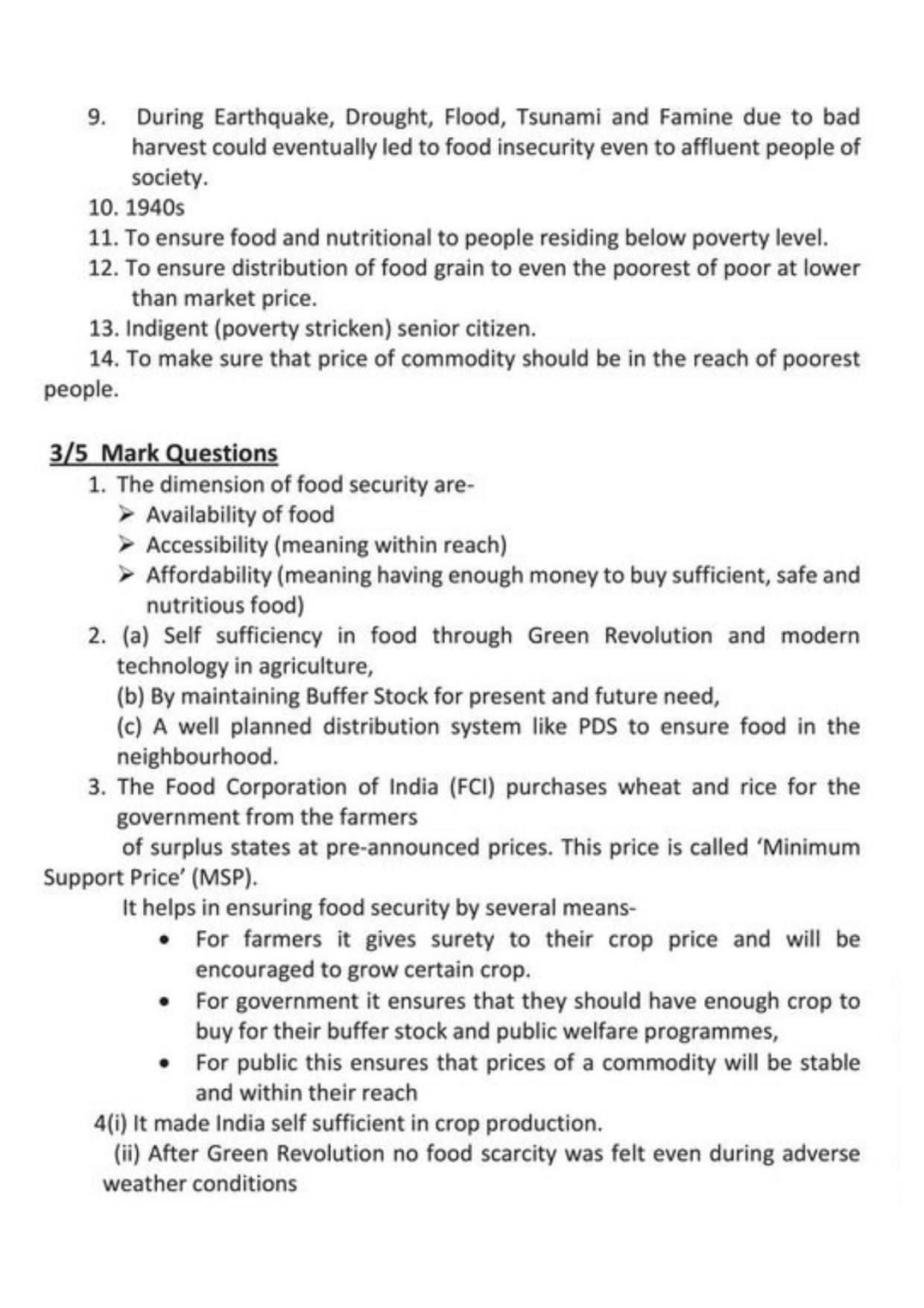 Class 9 Notes, Question & Practice Paper - Economics (Topic 4 : Food ...