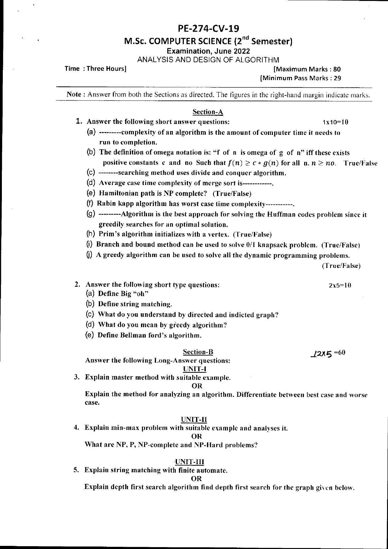 Bilaspur University Question Paper June 2022:M.Sc. Computer Science (Second Semester) Analysis ...