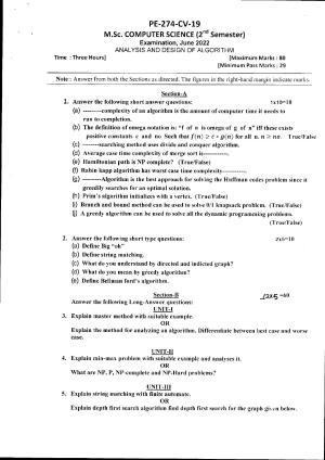 Bilaspur University Question Paper June 2022:M.Sc. Computer Science (Second Semester) Analysis ...