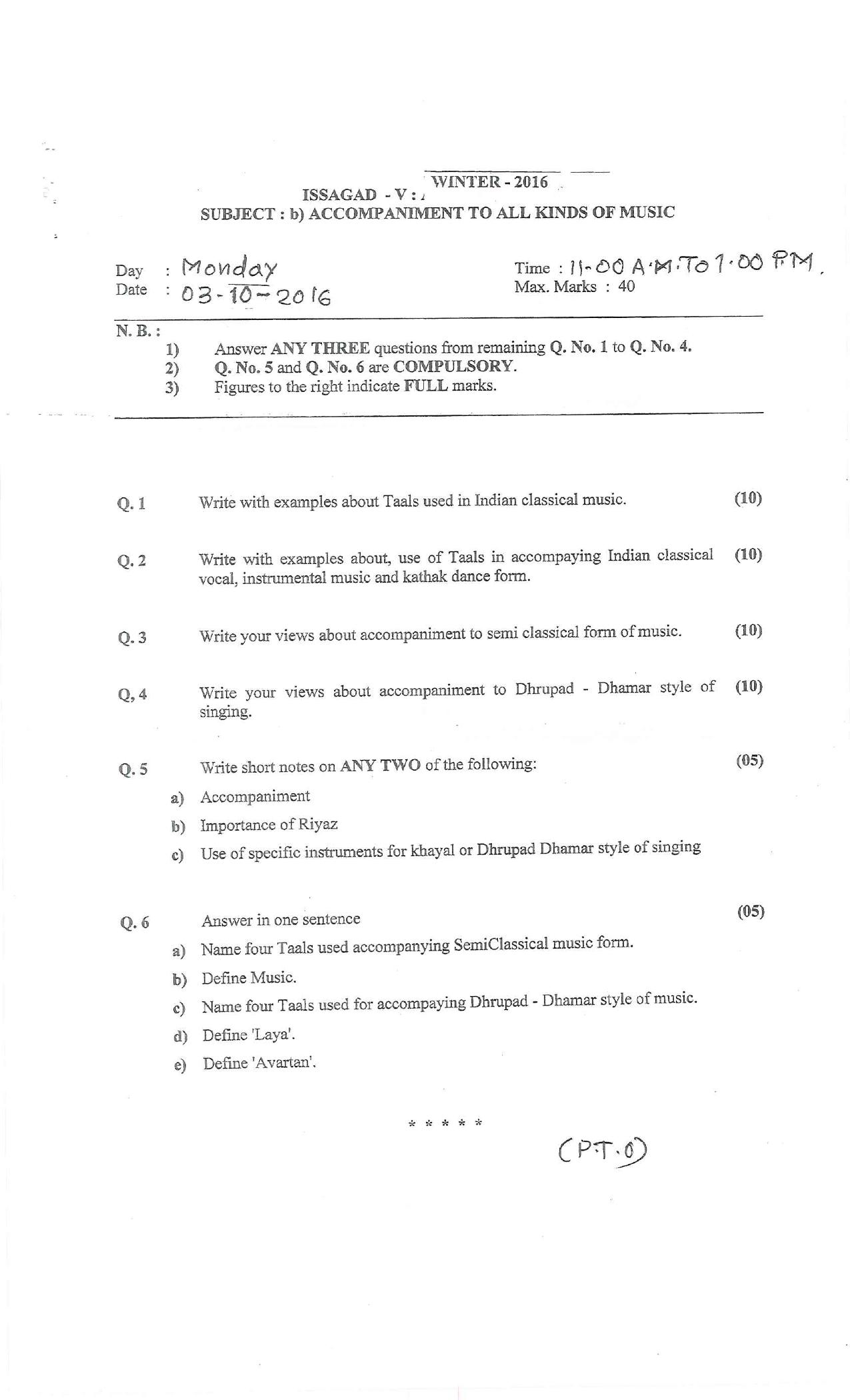 Bharati Vidyapeeth B.A. MUSIC Winter- 2016 Question Paper - IndCareer Docs