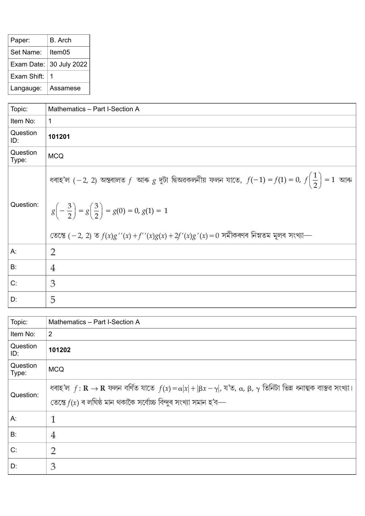JEE Mains 2022: B.Arch Assamese (Shift 1) 30-07-2022 Question Paper ...