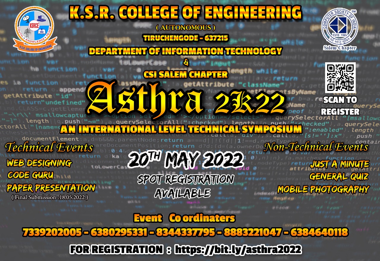 Asthra 2K22, KSR College of Engineering, Technical Symposium, Tiruchengode - IndCareer College ...