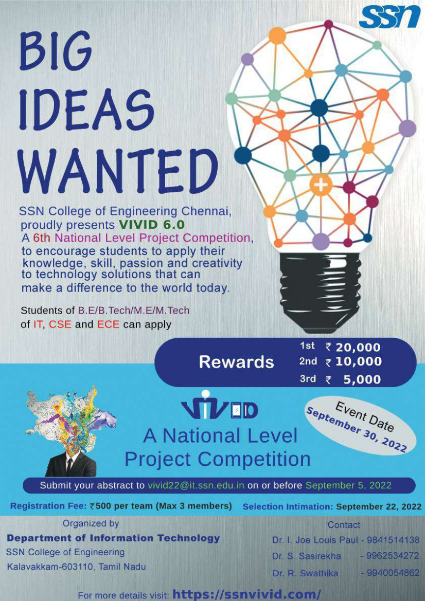 VIVID 6.0 – A 6 th National Level Project Competition, SSN College of ...