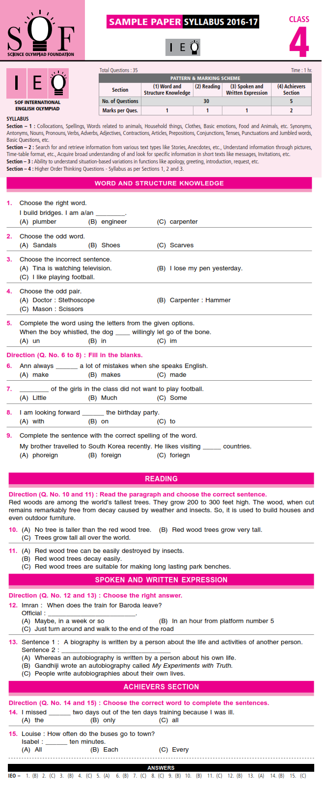 IEO SAMPLE PAPER CLASS 4 IndCareer Schools