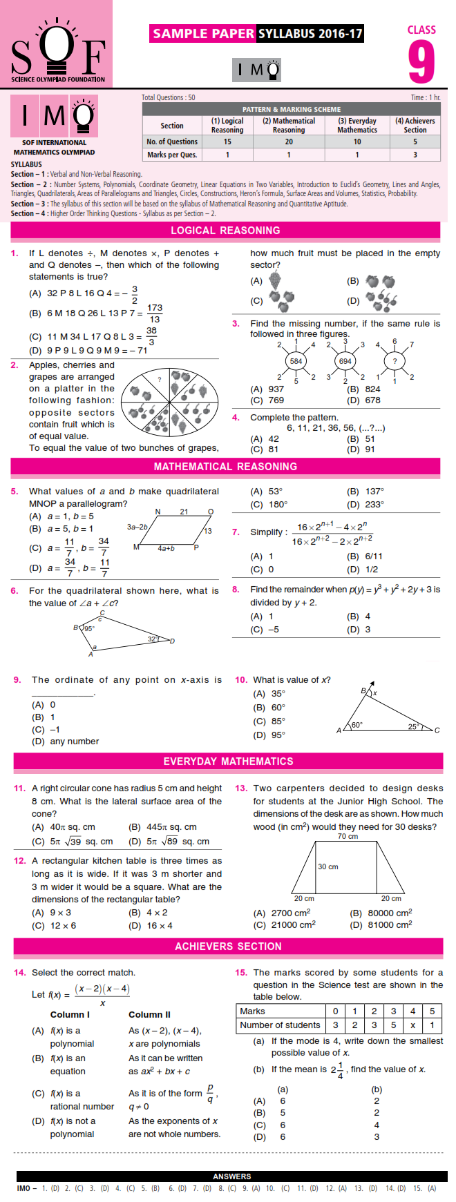SOF IMO Sample Paper For Class 9 IndCareer Schools