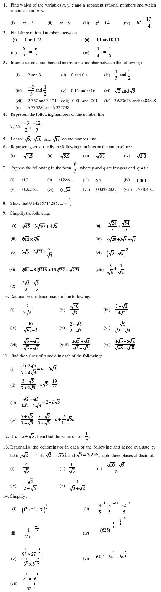 NCERT Exemplar for Class 9, Maths Chapter 1 - IndCareer Schools